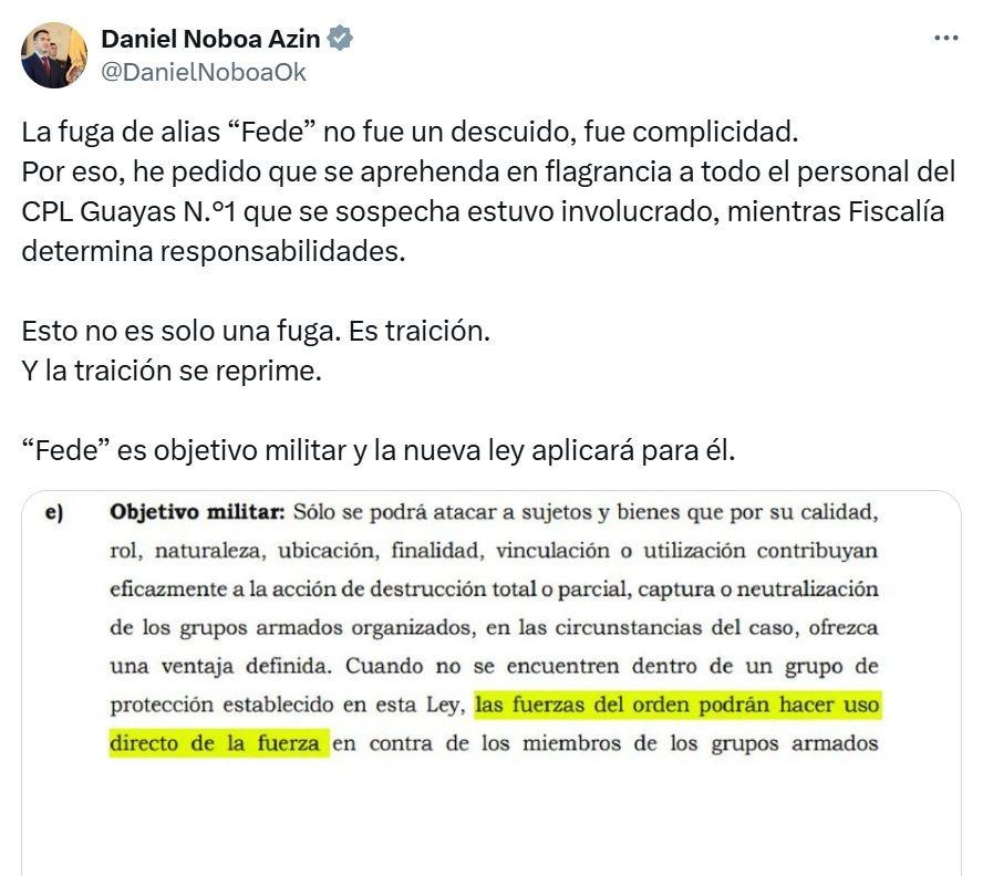 Noboa declara a alias Fede como objetivo militar, tras su fuga de la ...
