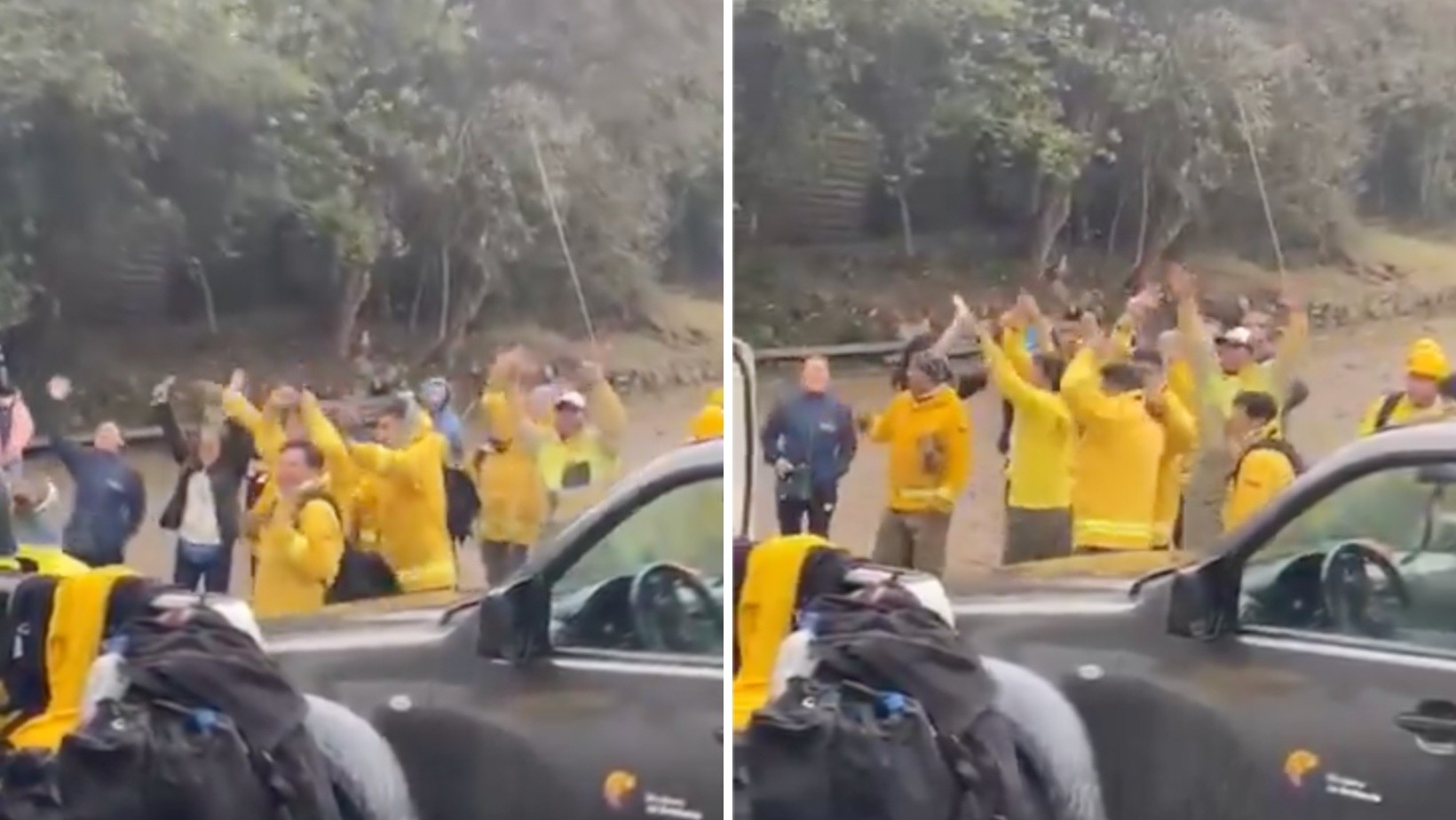 Los bomberos y brigadistas celebran la caída de lluvia y granizo en ...