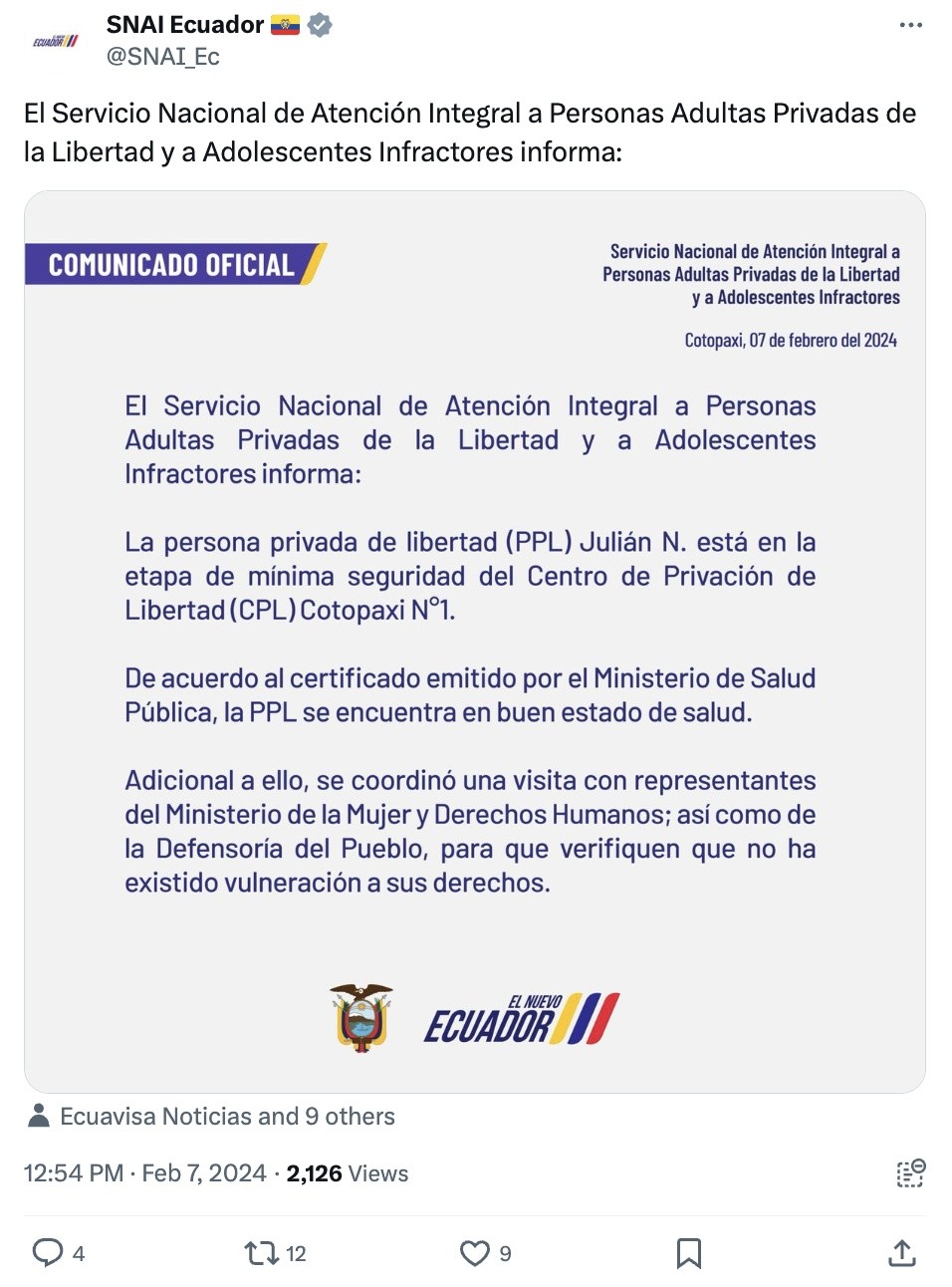 El SNAI desmiente la desaparición de un preso de la cárcel de Cotopaxi ...