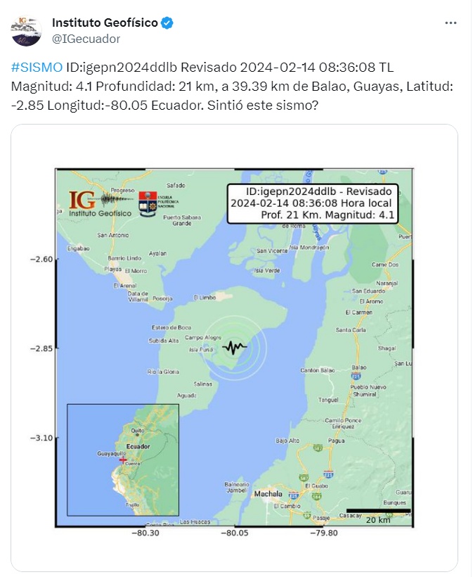 Un sismo de 4.1 grados se registró en el Golfo de Guayaquil este 14 de ...
